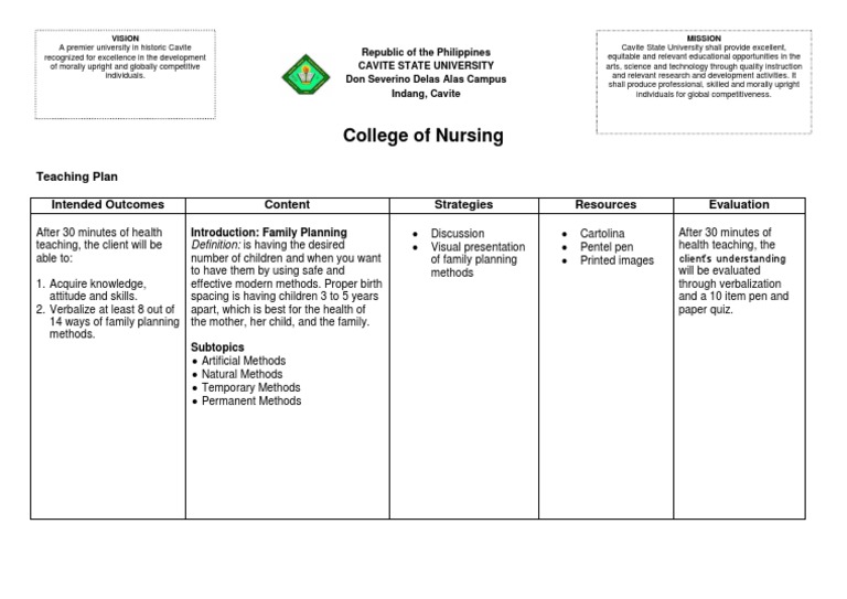 College of Nursing: Teaching Plan Intended Outcomes Content Strategies ...