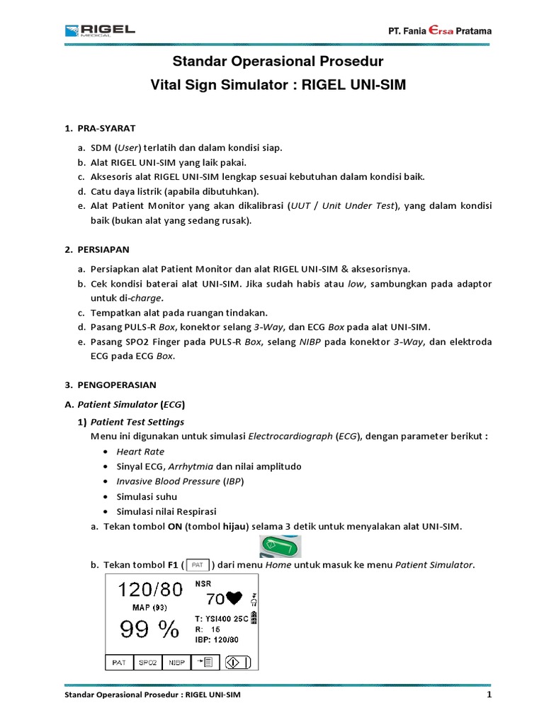 Standar Operasional Prosedur Vital Sign Simulator: RIGEL UNI-SIM | PDF