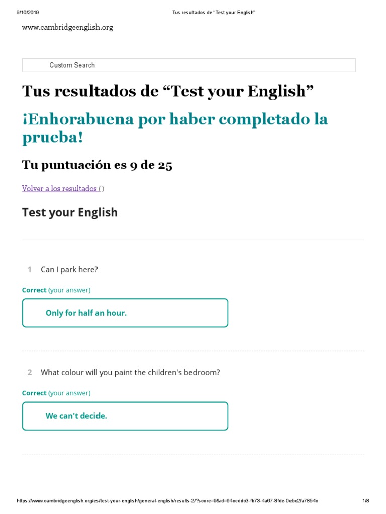 Results from an Online English Test with a Score of 9 out of 25 | PDF
