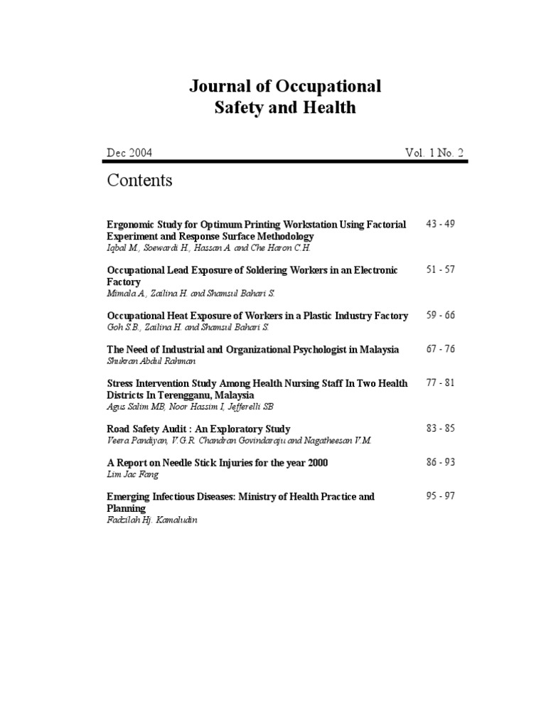 Journal of Occupational Safety and Health: Dec 2004 Vol. 1 No. 2 | PDF ...