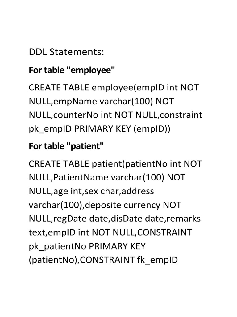 DDL Statements:: For Table "Employee" | PDF