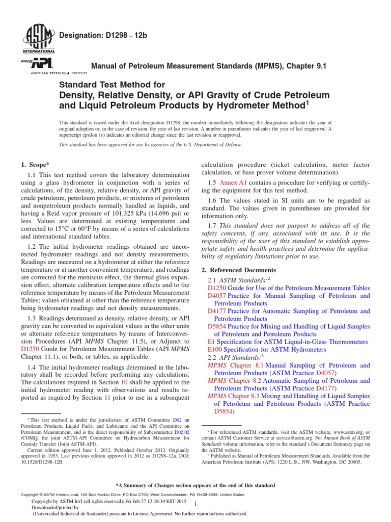Astm d29 | PDF | Density | Thermometer