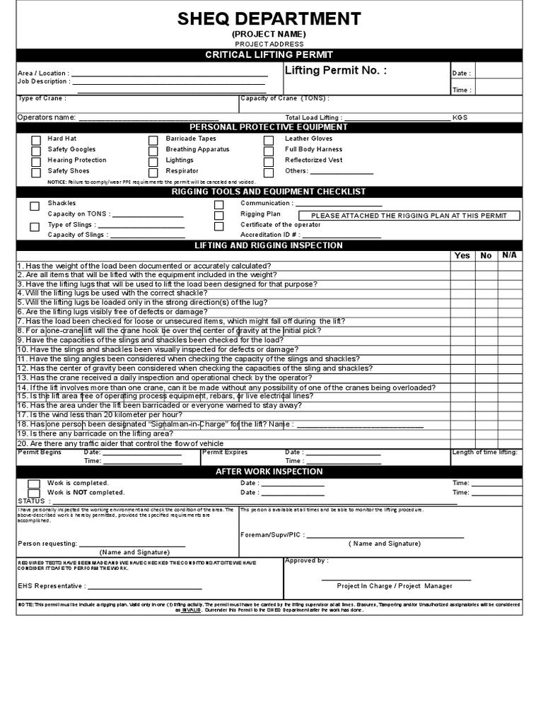 Lifting Permit | PDF | Personal Protective Equipment | Safety