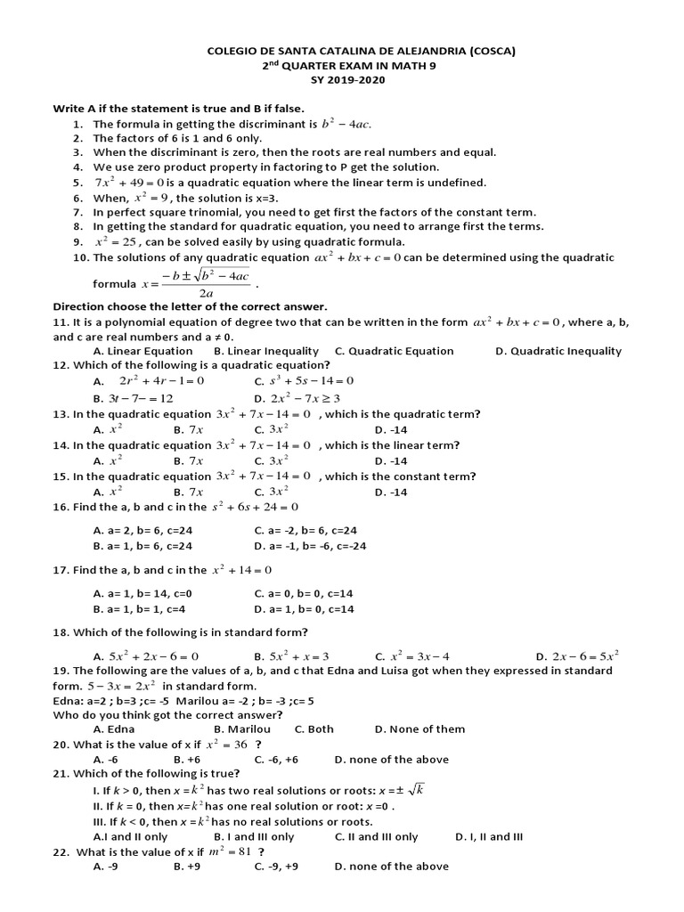 EsP - Second Periodical Test Grade 9 | PDF | Quadratic Equation ...