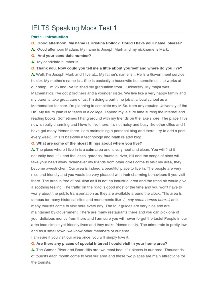 IELTS Speaking Mock Test Practice 1 | PDF | Environmentalism | Motel