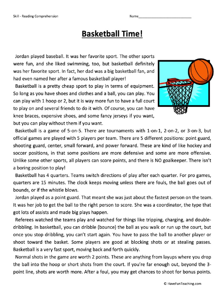 Basketball Time Fifth Grade Reading Comprehension Worksheet | PDF