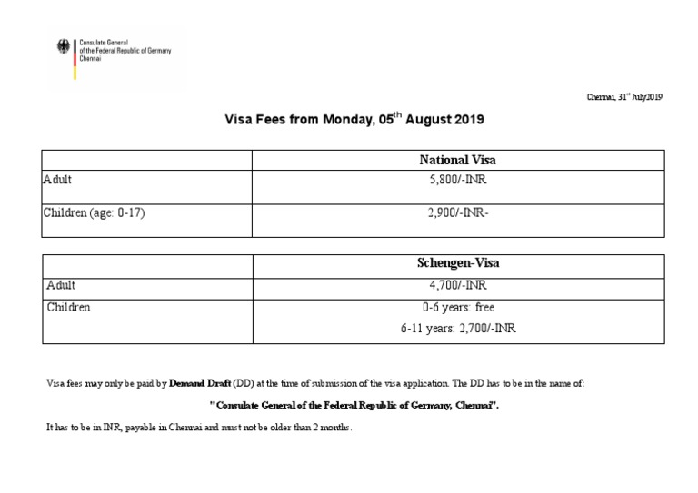 Visa Fees From Monday, 05 August 2019 National Visa: Adult 5,800/-INR ...