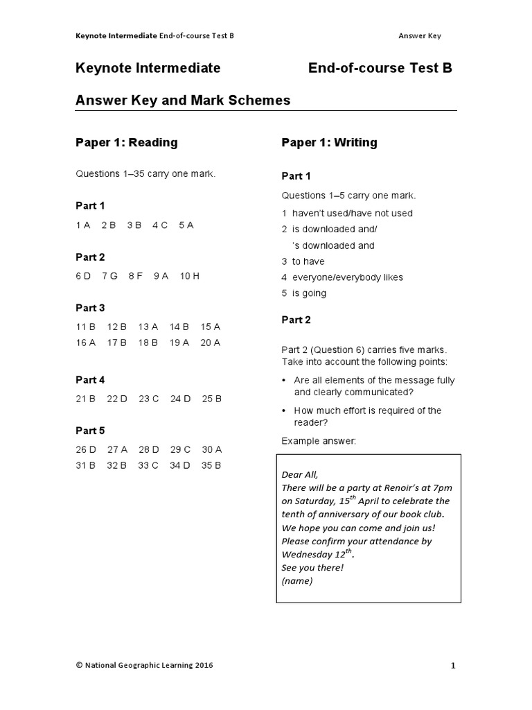 Keynote Intermediate End-Of-course Test B Answer Key | PDF | Vocabulary ...