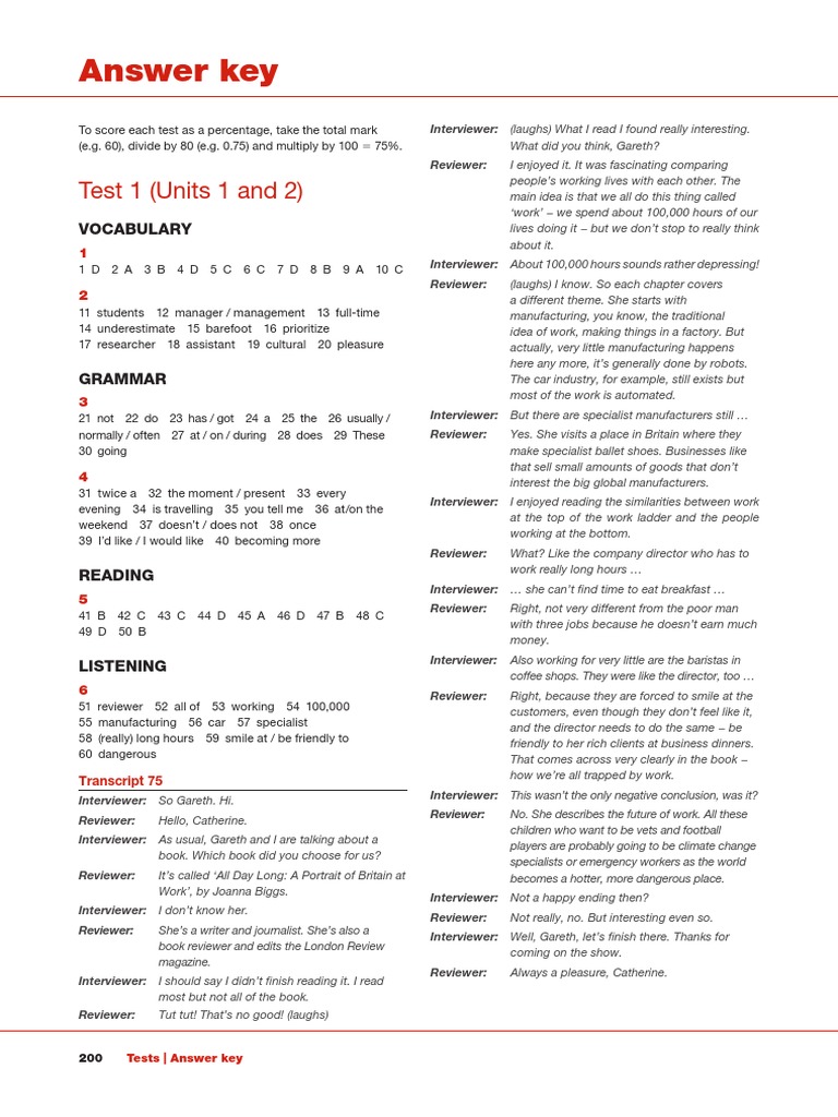 Keynote Intermediate Units Tests Answer Key | Vocabulary
