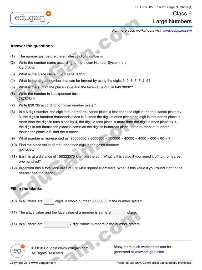 Class 5 Large Numbers: Answer The Questions | Download Free PDF | Numbers | Encodings