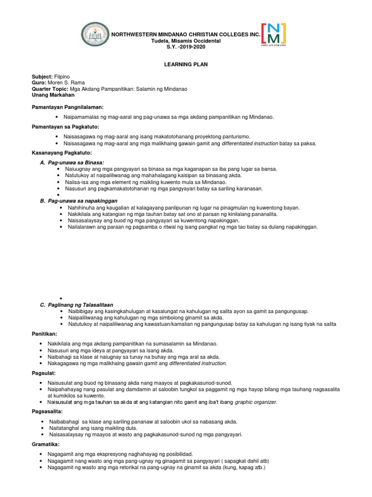 Learning Plan Filipino 7 | PDF