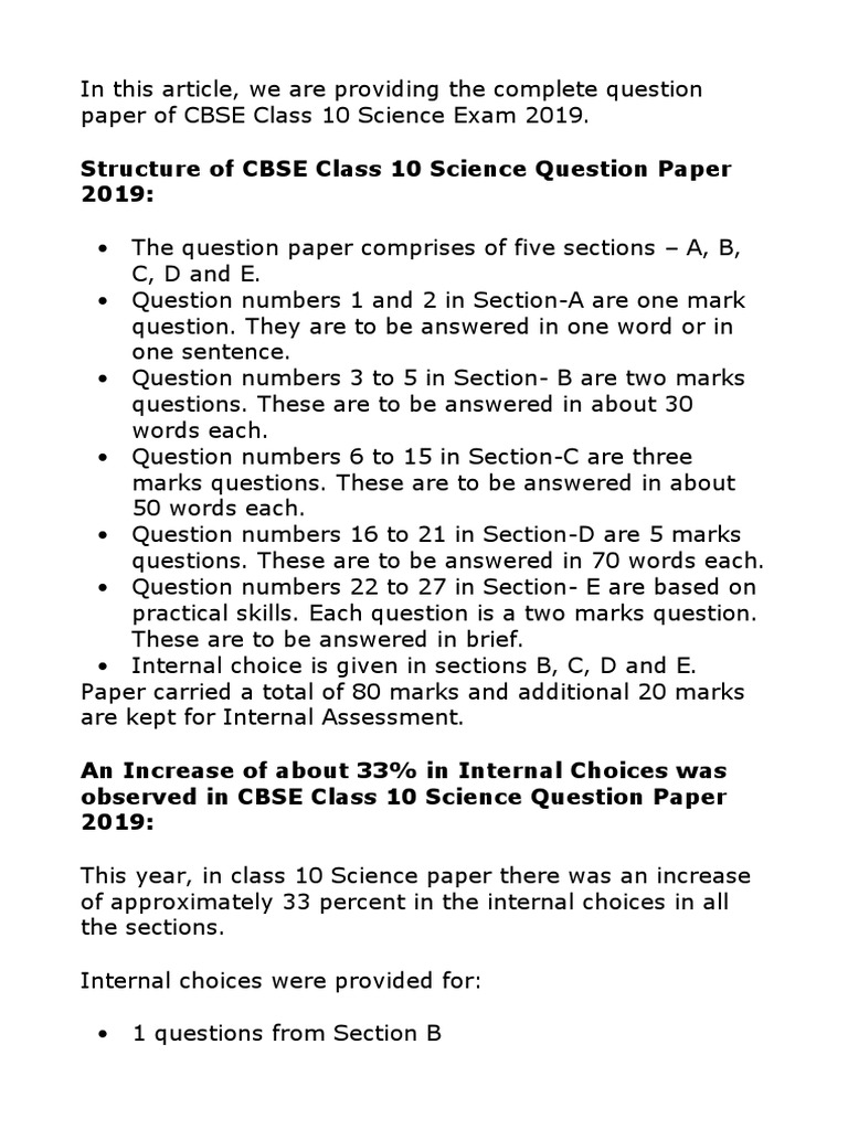 Analysis of the Structure and Content of the CBSE Class 10 Science Exam ...