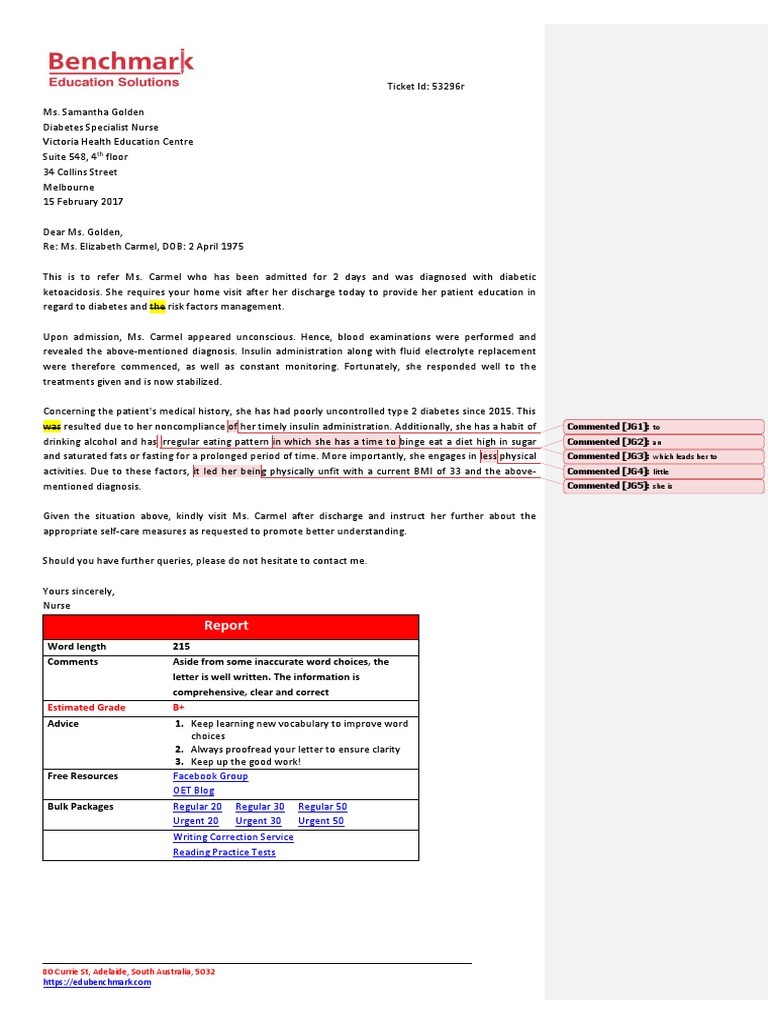 OET Sample Letter | PDF | Diabetes Mellitus | Health Care