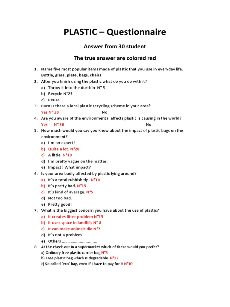PLASTIC - Questionnaire: Answer From 30 Student The True Answer Are ...