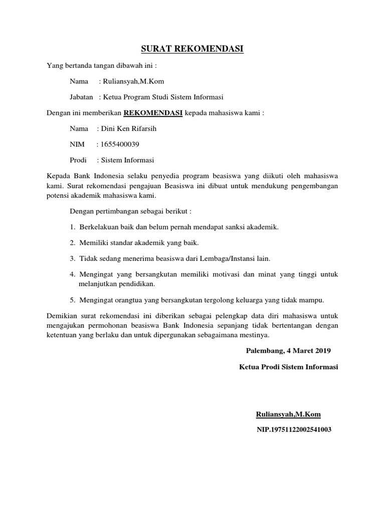 Surat Rekomendasi Bi | PDF