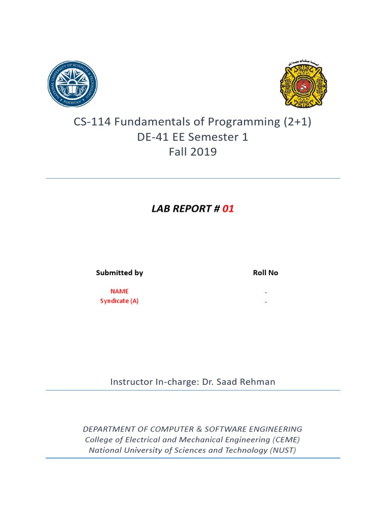 CS-114 Fundamentals of Programming (2+1) DE-41 EE Semester 1 Fall 2019 ...