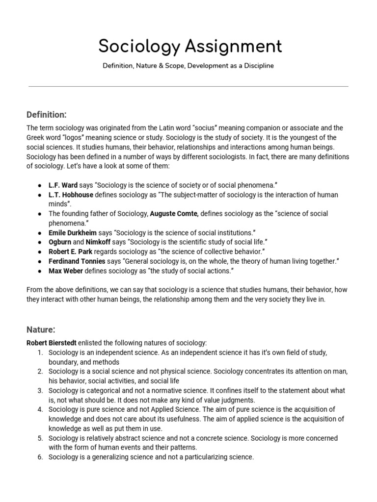Sociology Assignment - Definition, Nature & Scope, Development | PDF ...