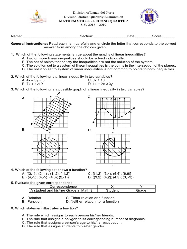 Mathematics 8 - Second Quarter | PDF | Inequality (Mathematics) | Function (Mathematics)