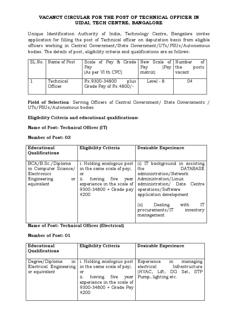 UIDAI Bangalore Technical Officer Jobs | PDF | Business