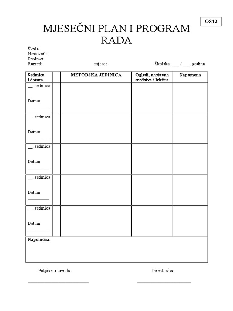 Obrazac - Mjeseƒni Plan I Program Rada | PDF