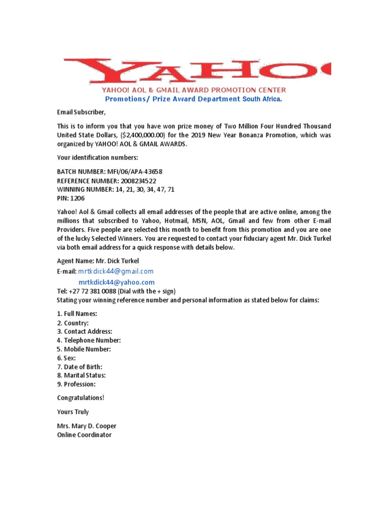 Yahoo Aol Gmail Notification Letter | PDF