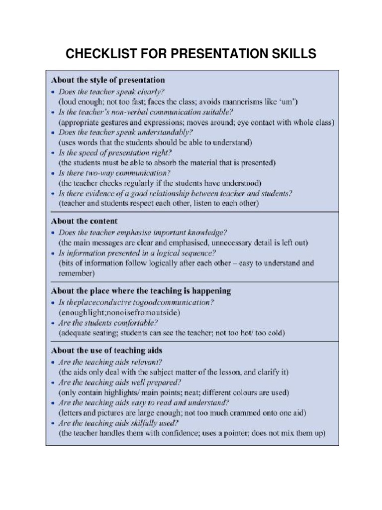 Checklist For Presentation Skills | PDF