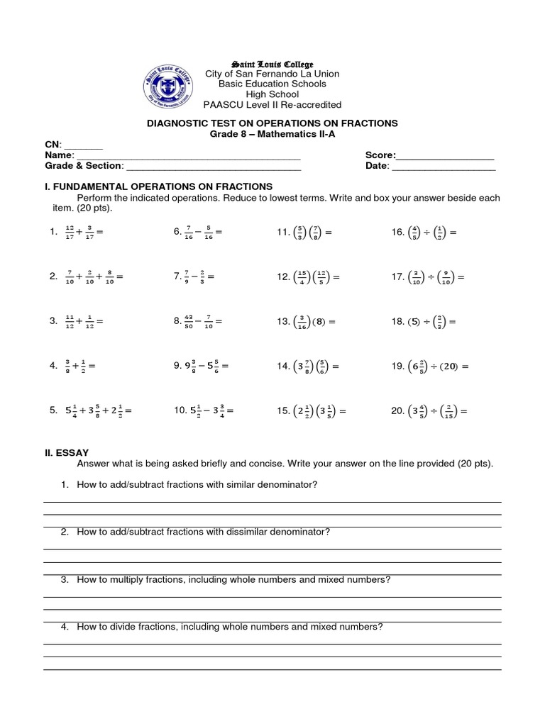 Diagnostic Test On Fractions | PDF | Fraction (Mathematics) | Algebra
