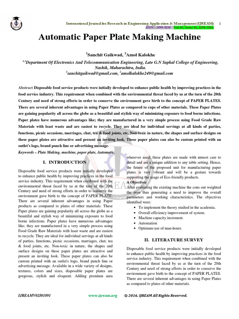 Automatic Paper Plate Making Machine: Sanchit Gaikwad, Amol Kalokhe ...