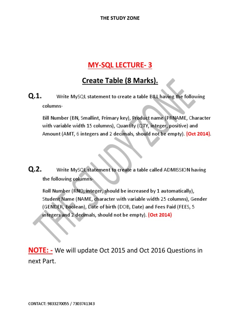 My-Sql Lecture-3: Create Table (8 Marks) - Q.1 | PDF