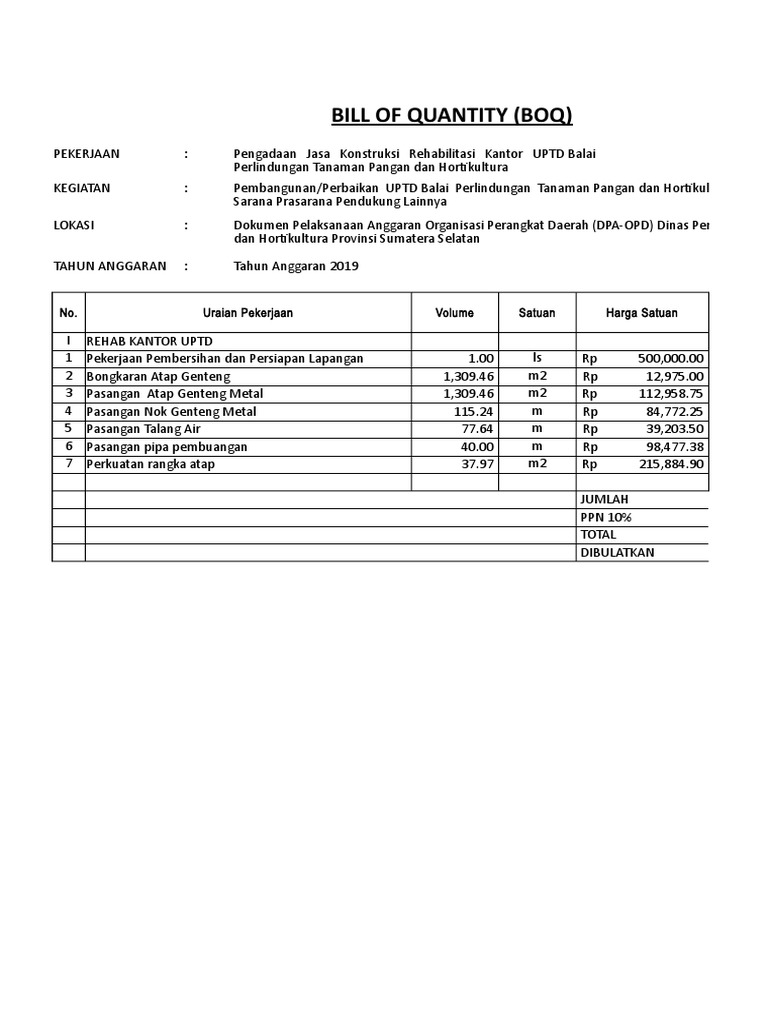 BOQ Rehabilitasi Kantor UPTD | PDF