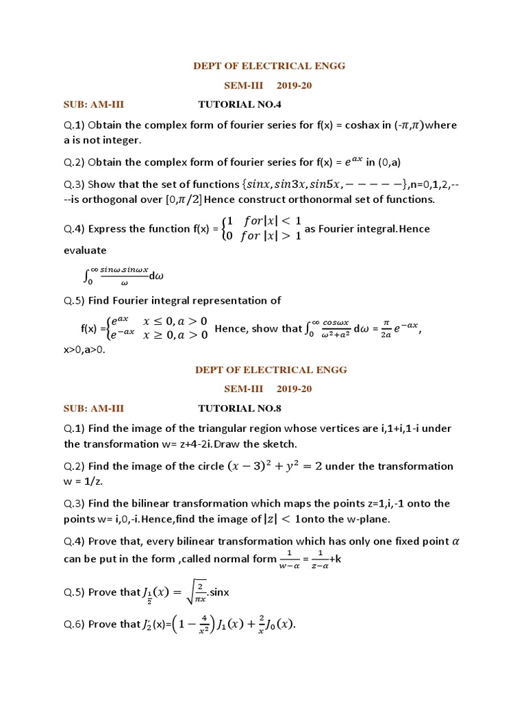 Dept of Electrical Engg SEM-III 2019-20 Sub: Am-Iii: Tutorial No.4 | PDF