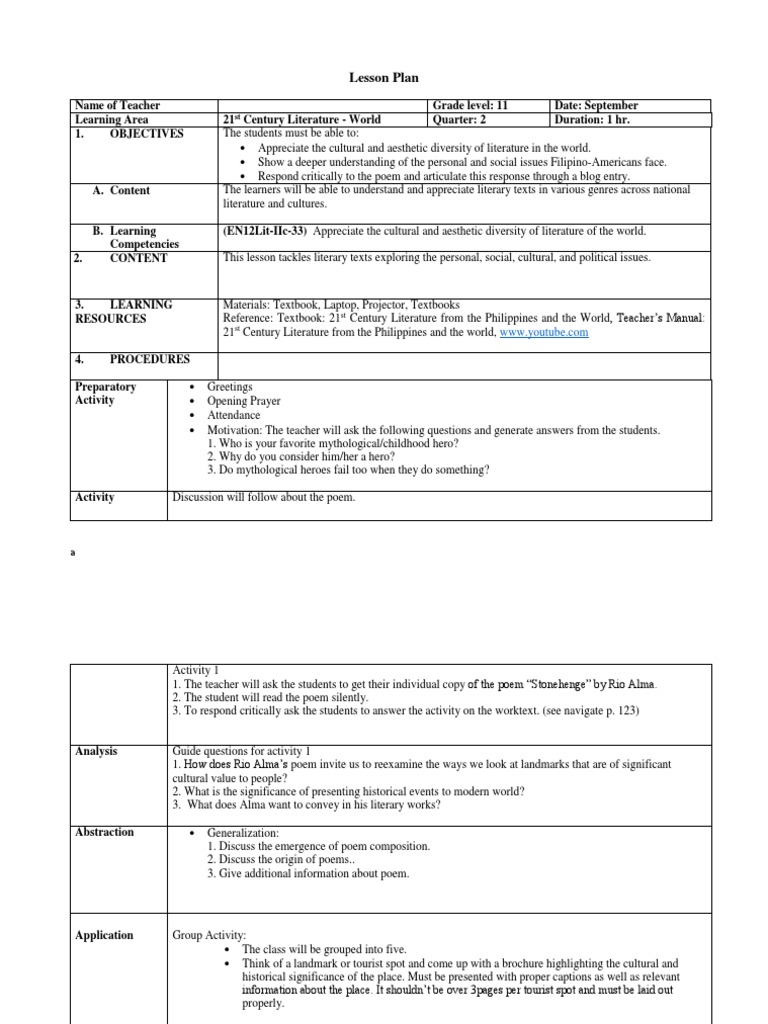 Analyzing Rio Alma's "Stonehenge" Poem | PDF | Lesson Plan | Learning