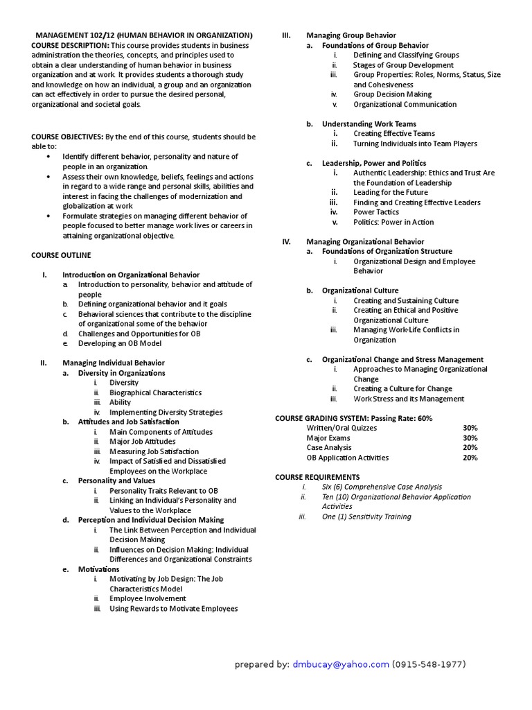 MGT 102 Course Outline | Download Free PDF | Organizational Behavior ...