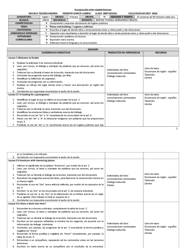 Planeación de Inglés I: Ubicaciones y Direcciones | PDF | Diccionario ...