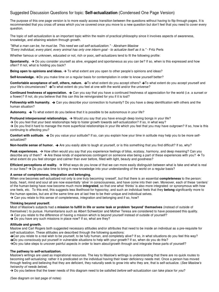 Condensed Version Questions Self Actualization | PDF | Self ...
