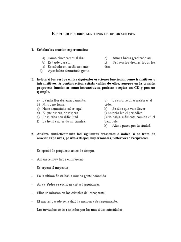 Ejercicios Sobre Los Tipos de Oraciones