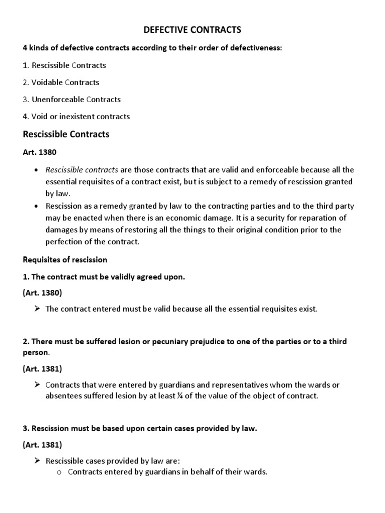 Types of Defective Contracts Explained | PDF | Annulment | Employment