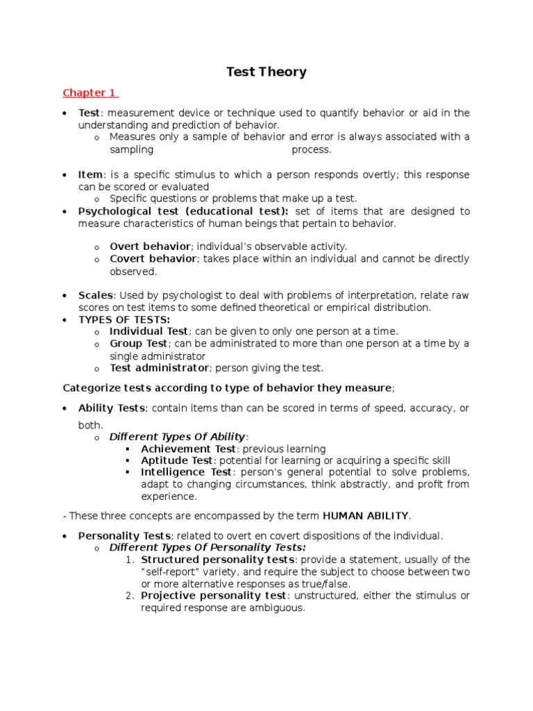 Test Theory: Categorize Tests According To Type of Behavior They ...