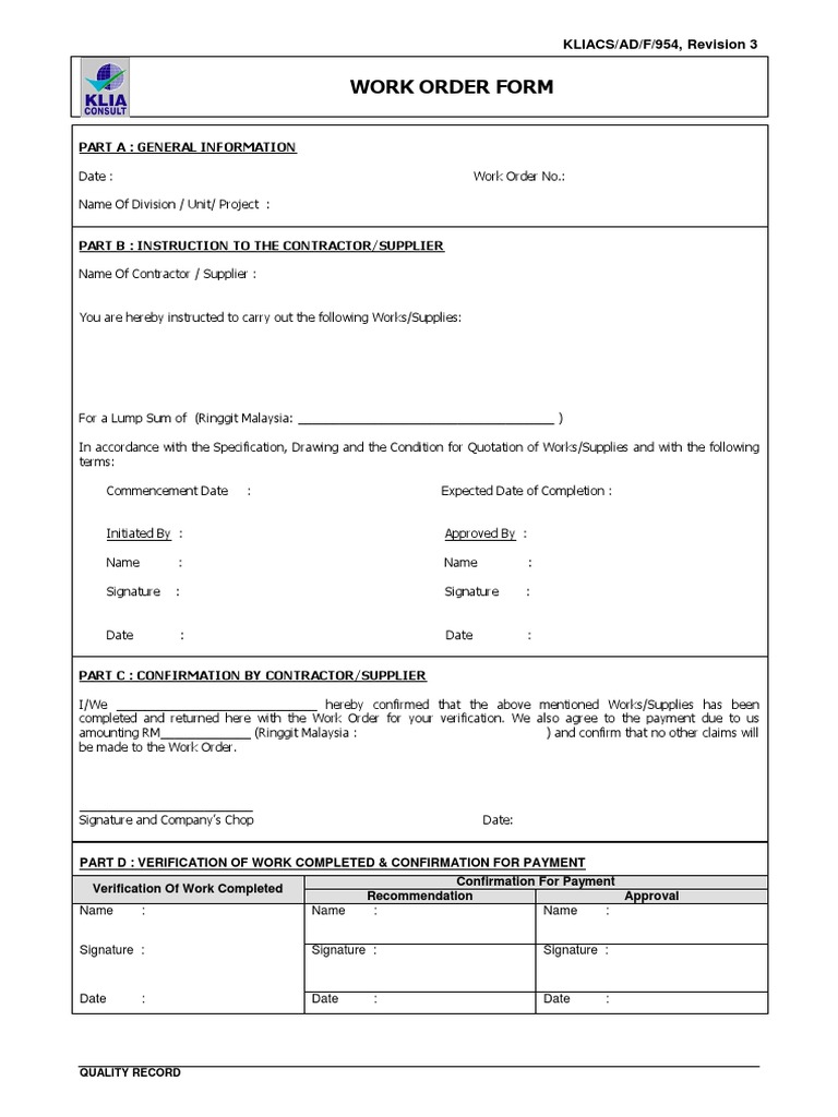 954 FORM AD, R3 - Work Order Form | PDF