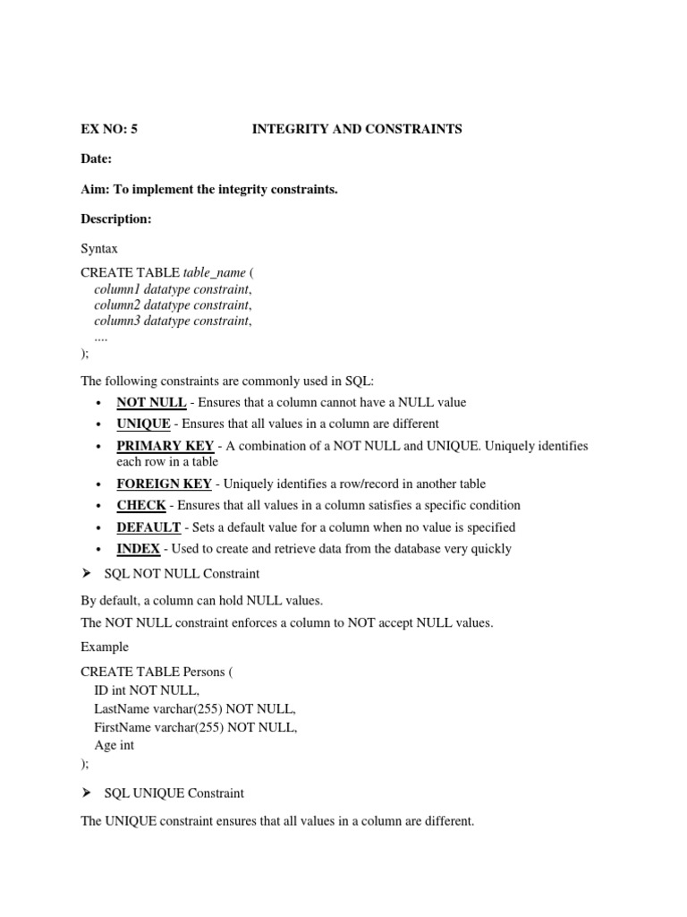 Column1 Datatype Constraint, Column2 Datatype Constraint, Column3 Datatype Constraint | PDF ...