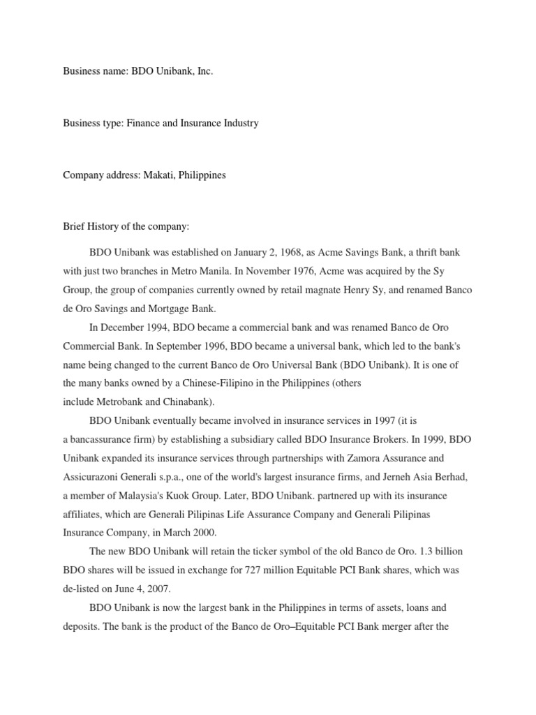BDO Unibank: History and Overview | PDF | Companies Of The Philippines ...