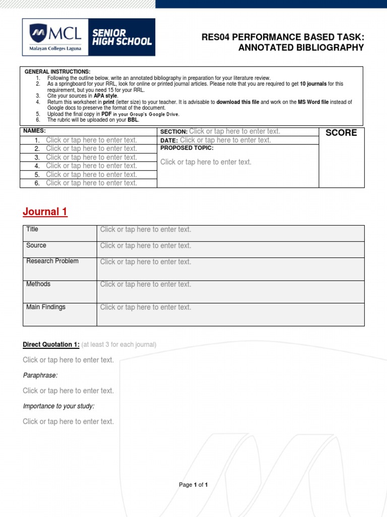Journal 1: Res04 Performance Based Task: Annotated Bibliography | PDF