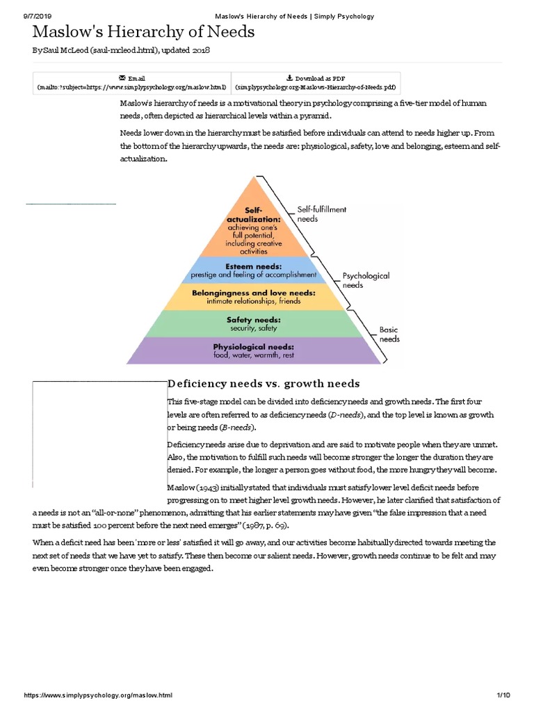 Maslow's Hierarchy of Needs - Simply Psychology | PDF | Self Actualization | Motivation