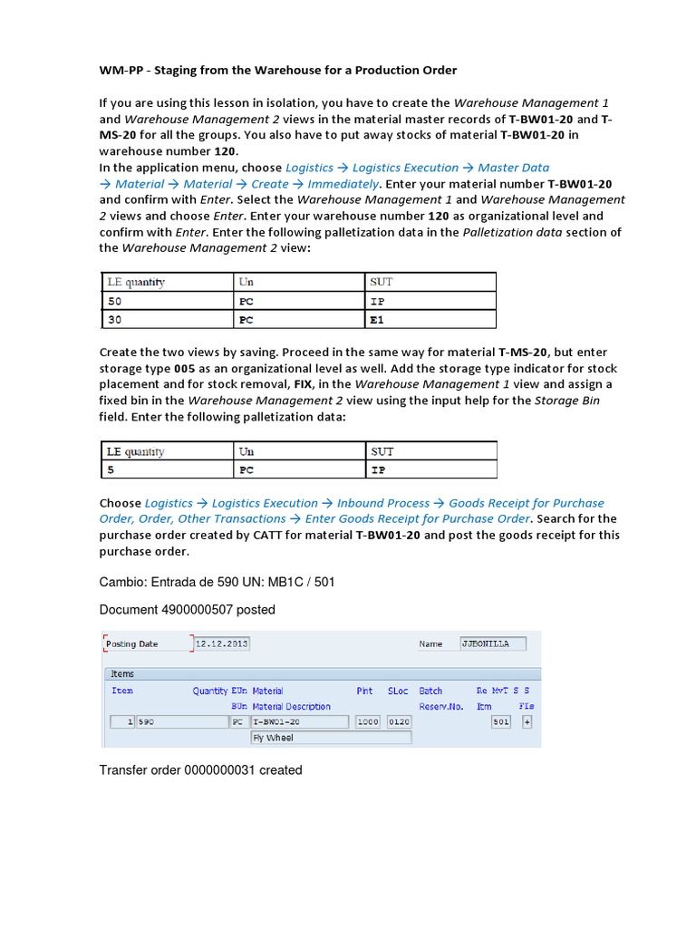 WM-PP - Example Staging For Production Order | PDF | Warehouse | Logistics