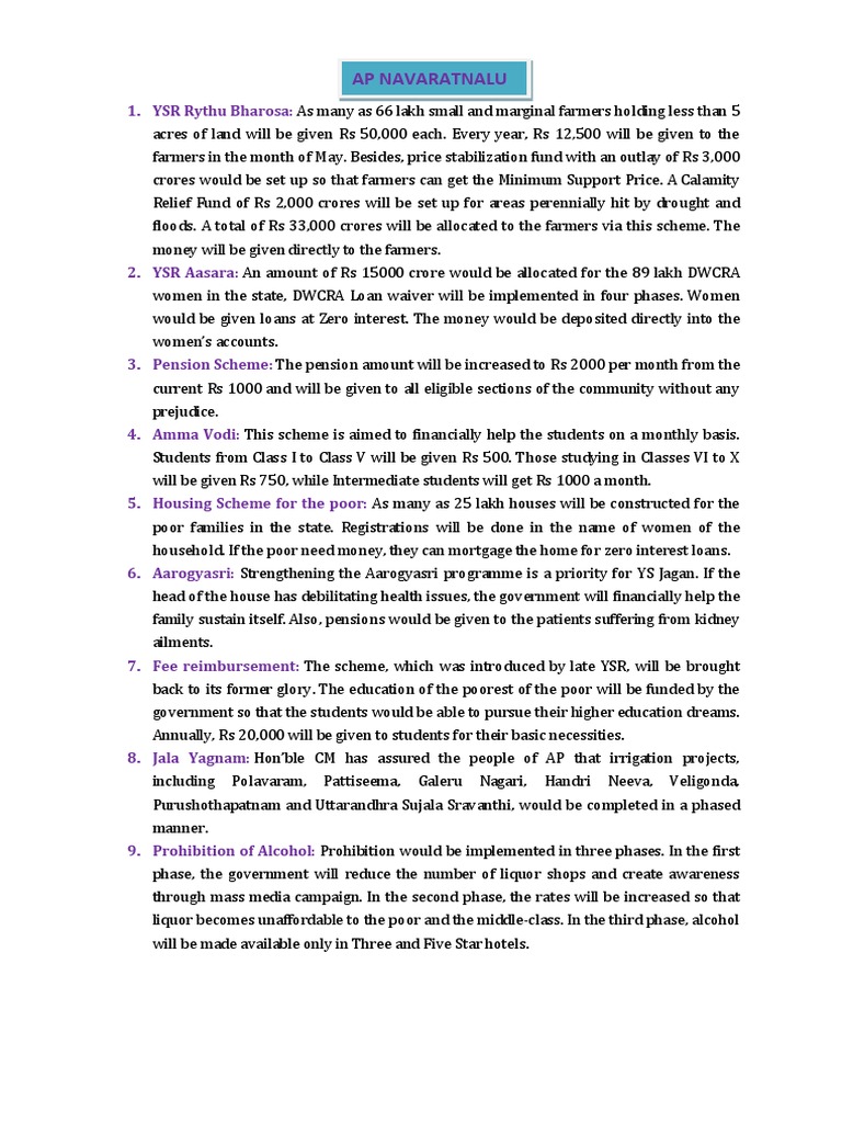 AP Navaratnalu: Key Welfare Schemes | PDF | Economies | Business
