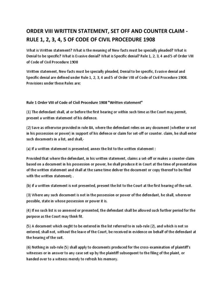 Order Viii Written Statement | PDF | Pleading | Legal Procedure