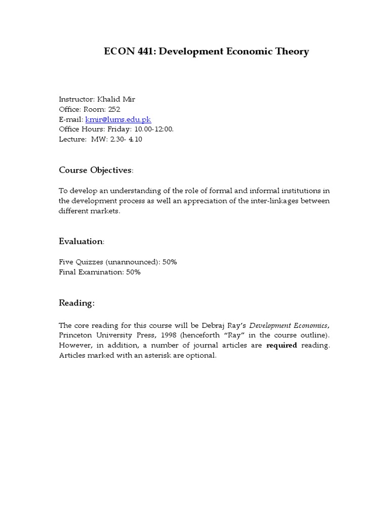 Outline Dev Econ | PDF | Development Economics | Economics