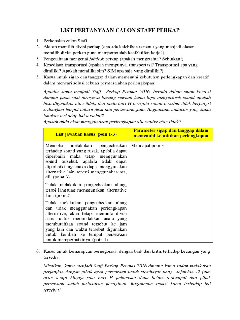 List Pertanyaan Calon Staff Perkap | PDF