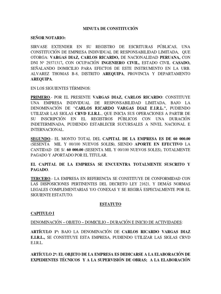 Minuta de Constitución | Cheque | Sociedad de responsabilidad limitada