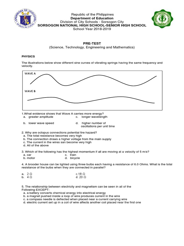 Pretest For Stem | PDF | Chemistry | Waves
